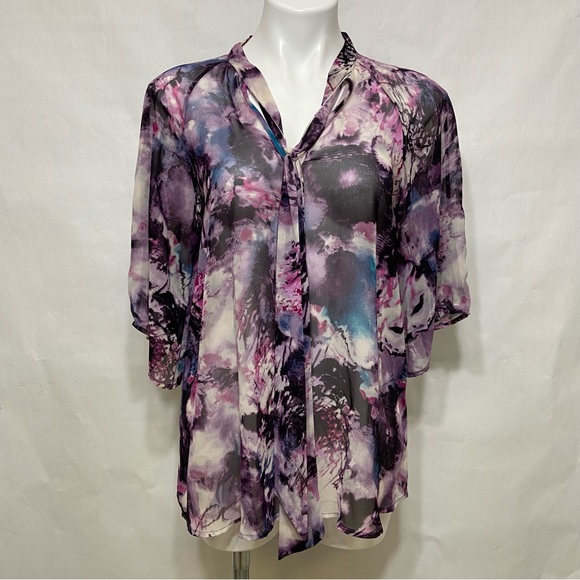 Pleione | Tops | Pleione Purple Floral Semi Sheer Tie Front Blouse Top ...